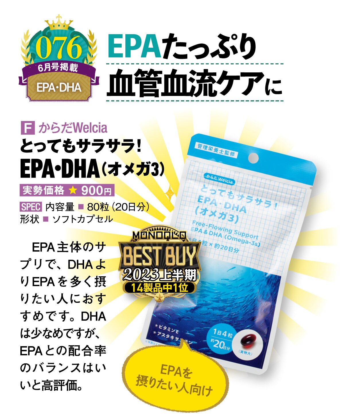 『とってもサラサラ！EPA・DHA（オメガ3）』が月刊MONOQLO2023上半期BEST BUYを受賞！｜からだWelciaとくらしWelcia｜ウエルシア薬局